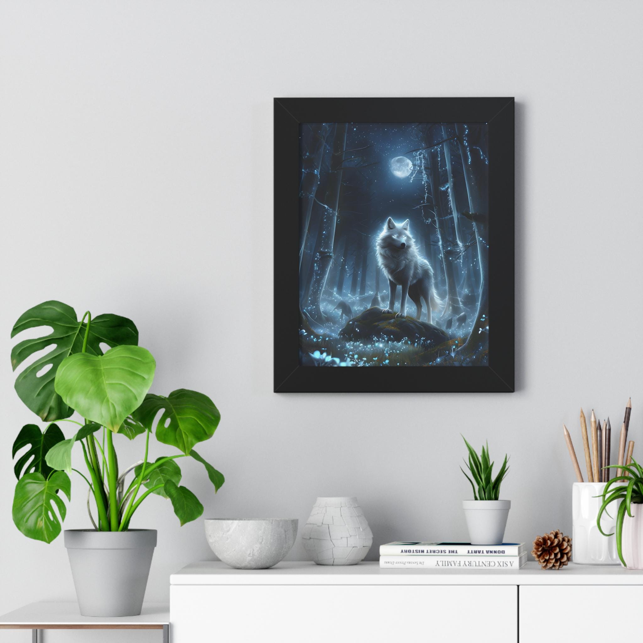 Mystical Lunar Guardian Wolf Framed Poster, Enchanted Silver Woods Art ...