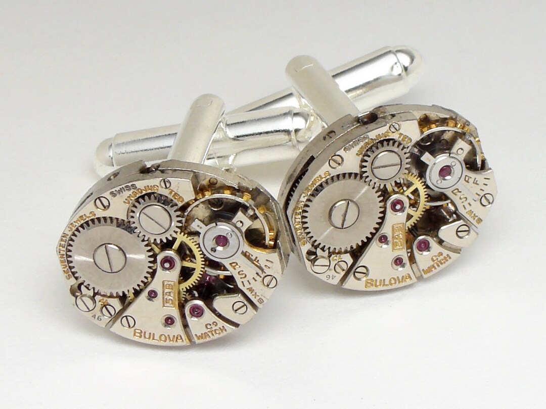 Vintage Silver Watch Cufflinks, Steampunk Cuff Links Featuring Bulova ...