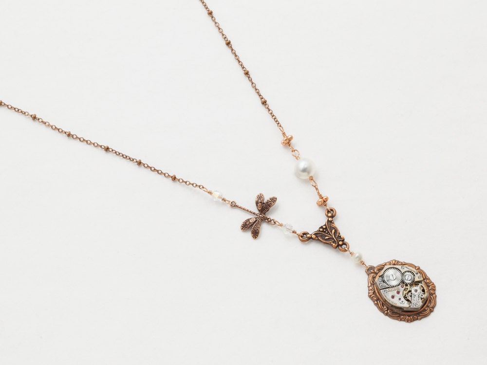 Steampunk Necklace Vintage silver watch movement with genuine | Etsy