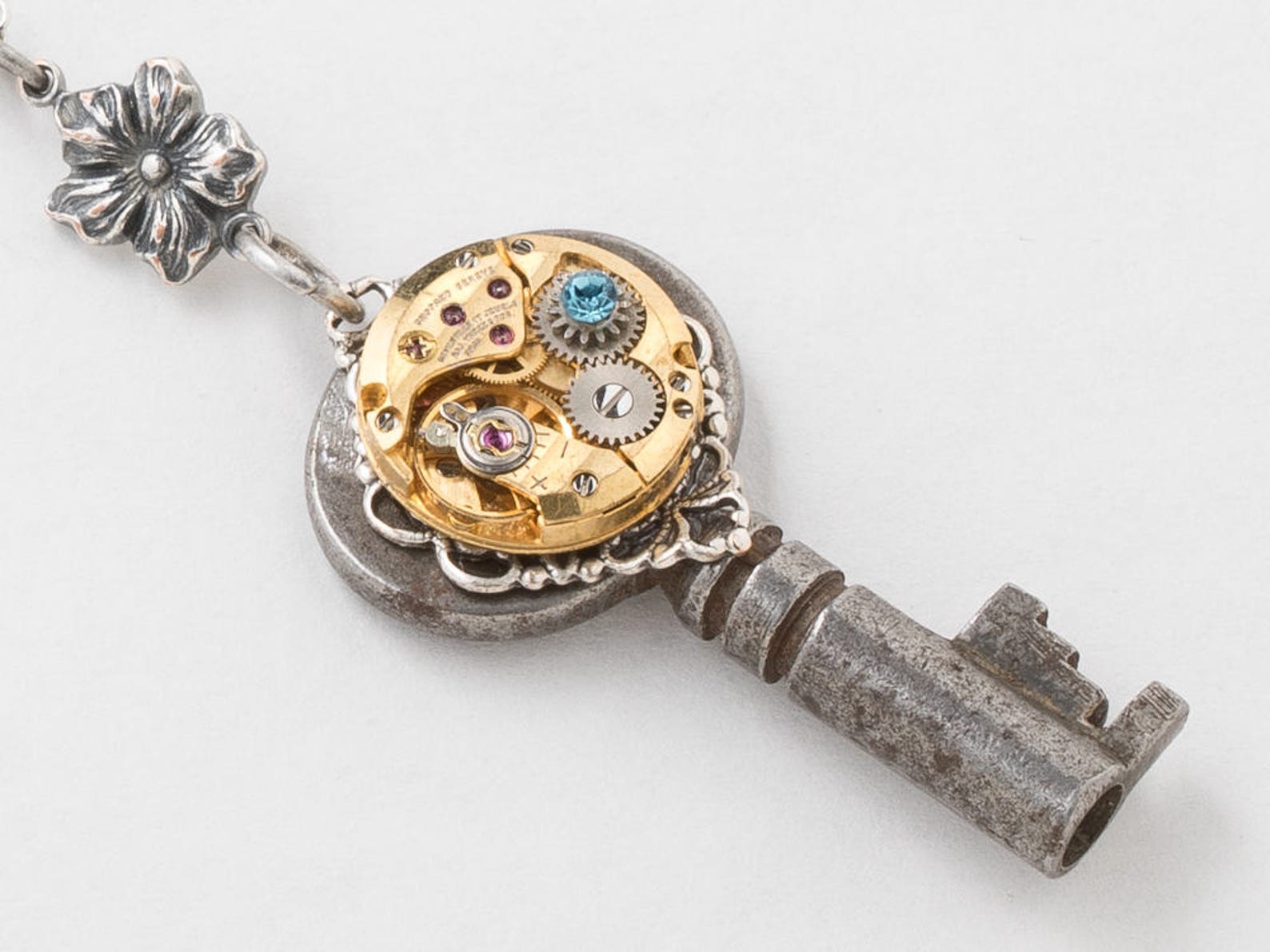 Vintage Skeleton Key Necklace With Gold Watch Movement & Blue | Etsy