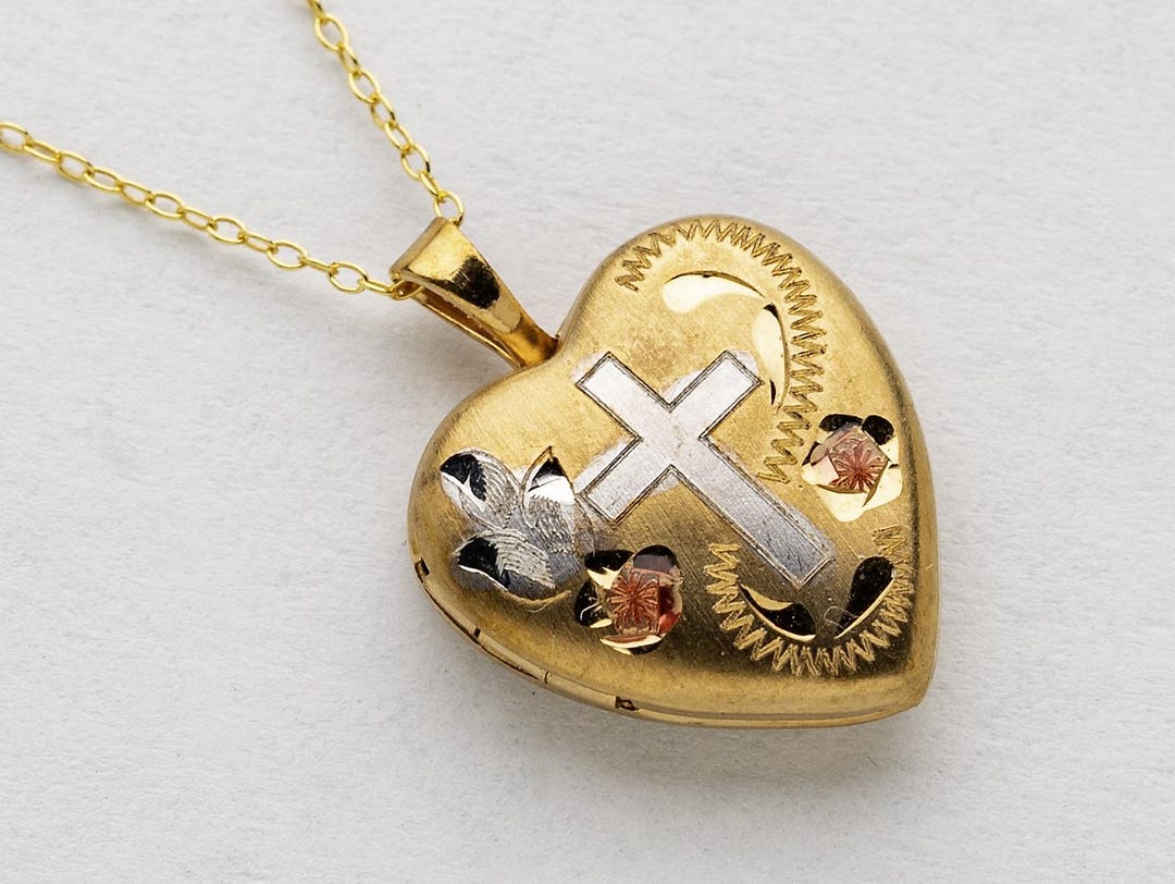 Vintage Heart Locket Necklace in 14K Yellow & White Gold Filled With ...