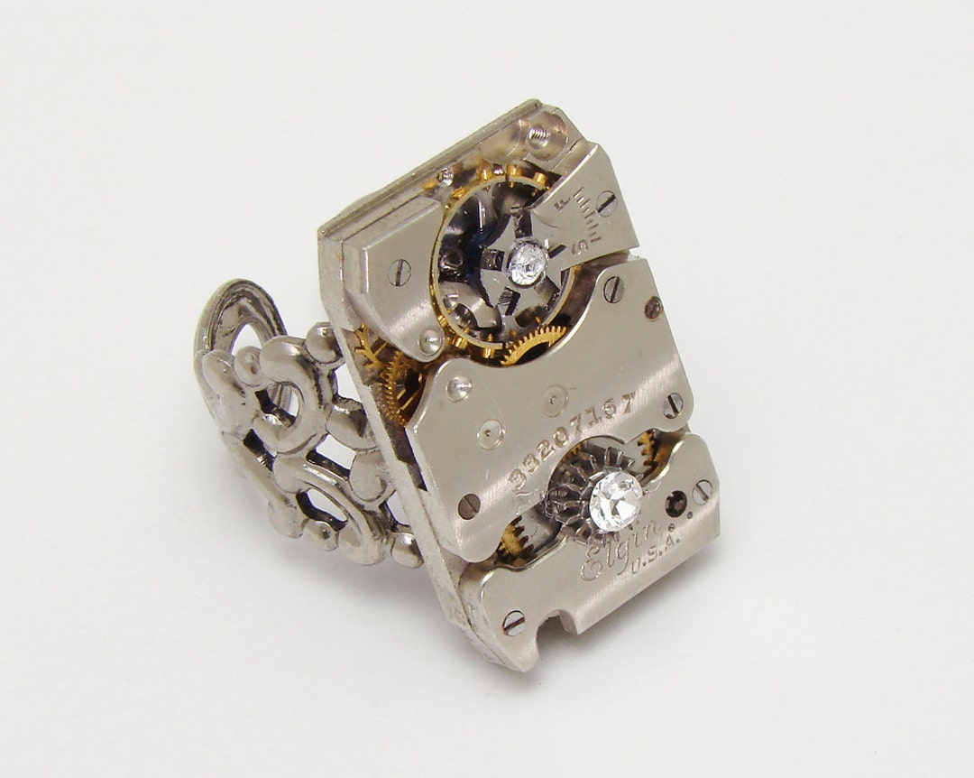 Steampunk Ring Vintage Elgin Watch Movement Gears Silver Swarovski ...