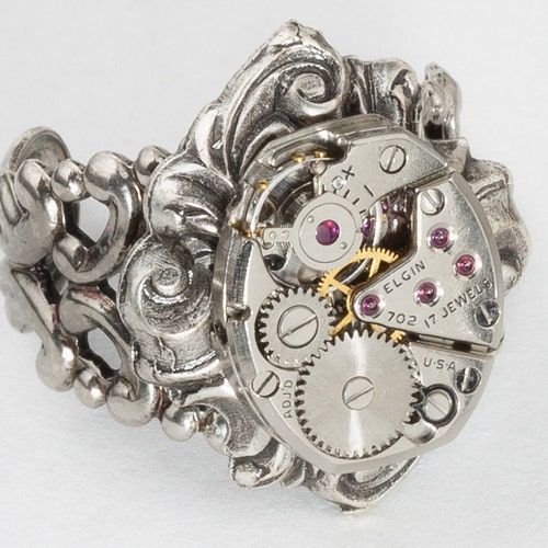 Steampunk Ring Vintage Watch Movement Gears Silver Filigree - Etsy
