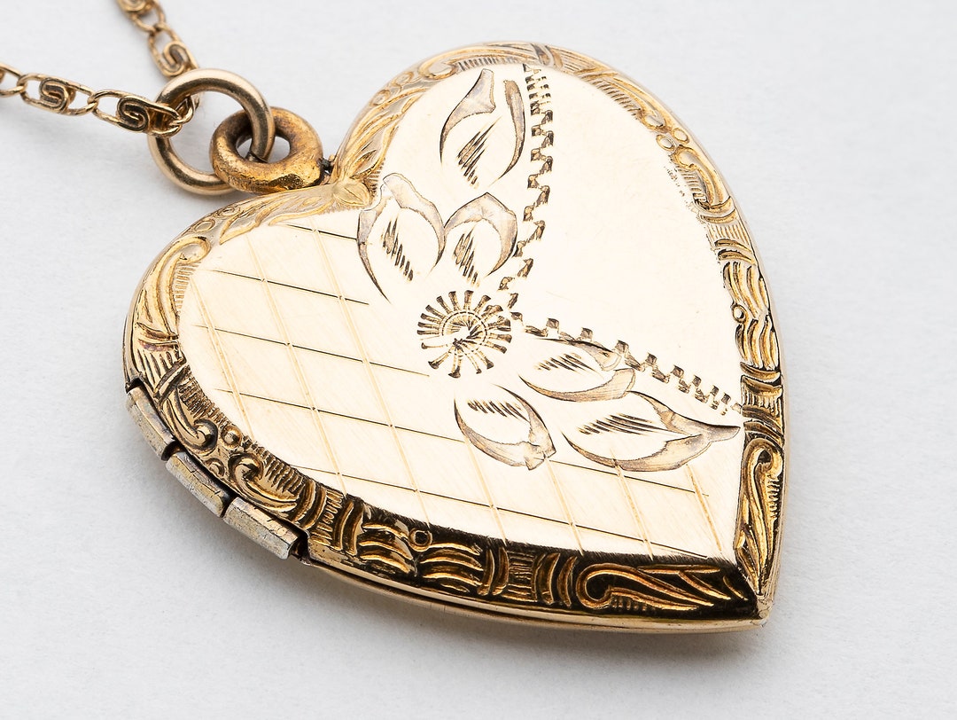 Antique Heart Locket Necklace, Vintage Heart Charm, Leaf & Flower ...