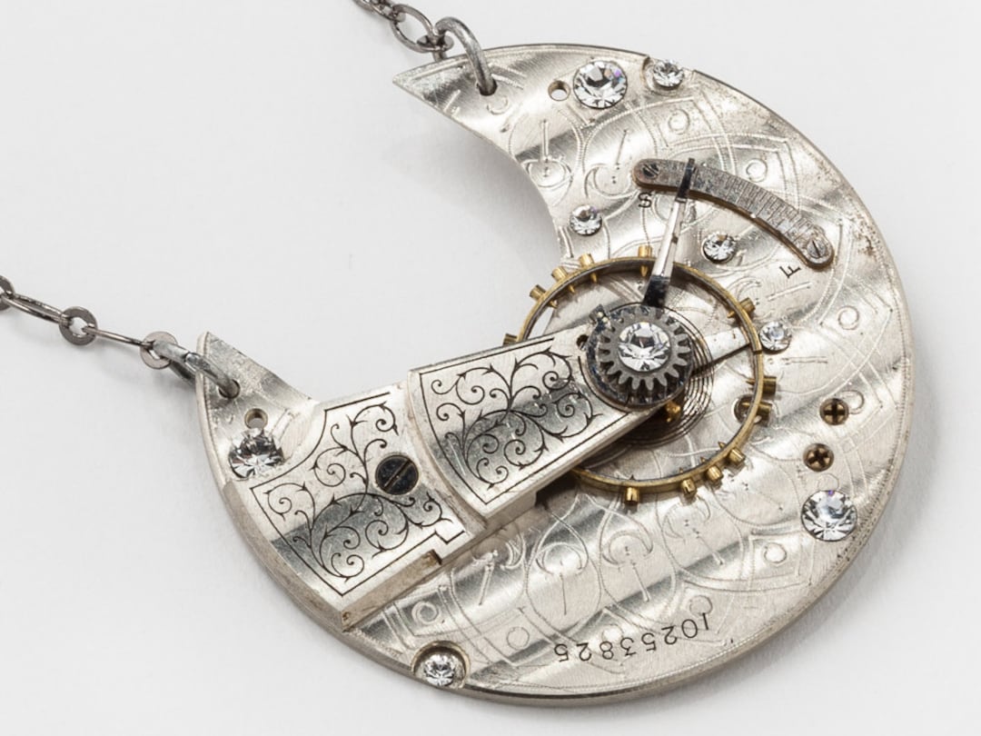 Steampunk Necklace With Vintage Victorian Silver Pocket Watch Cresent ...