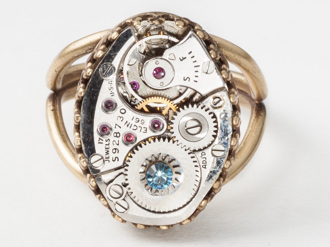 Steampunk Ring Vintage Silver Elgin Watch Movement With Gears & Blue ...