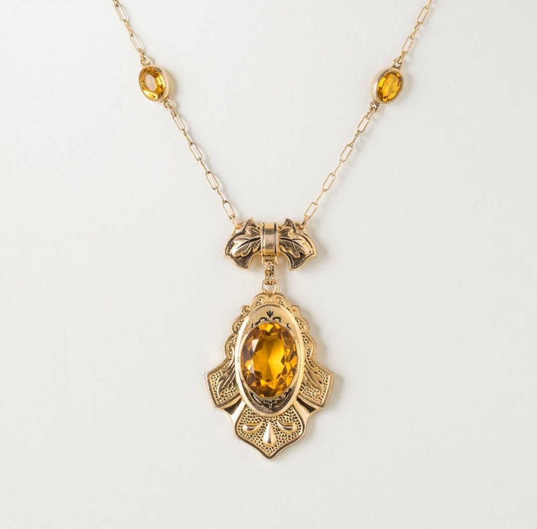 Victorian Revival Lavalier Necklace in Gold Filled With Citrine Glass ...