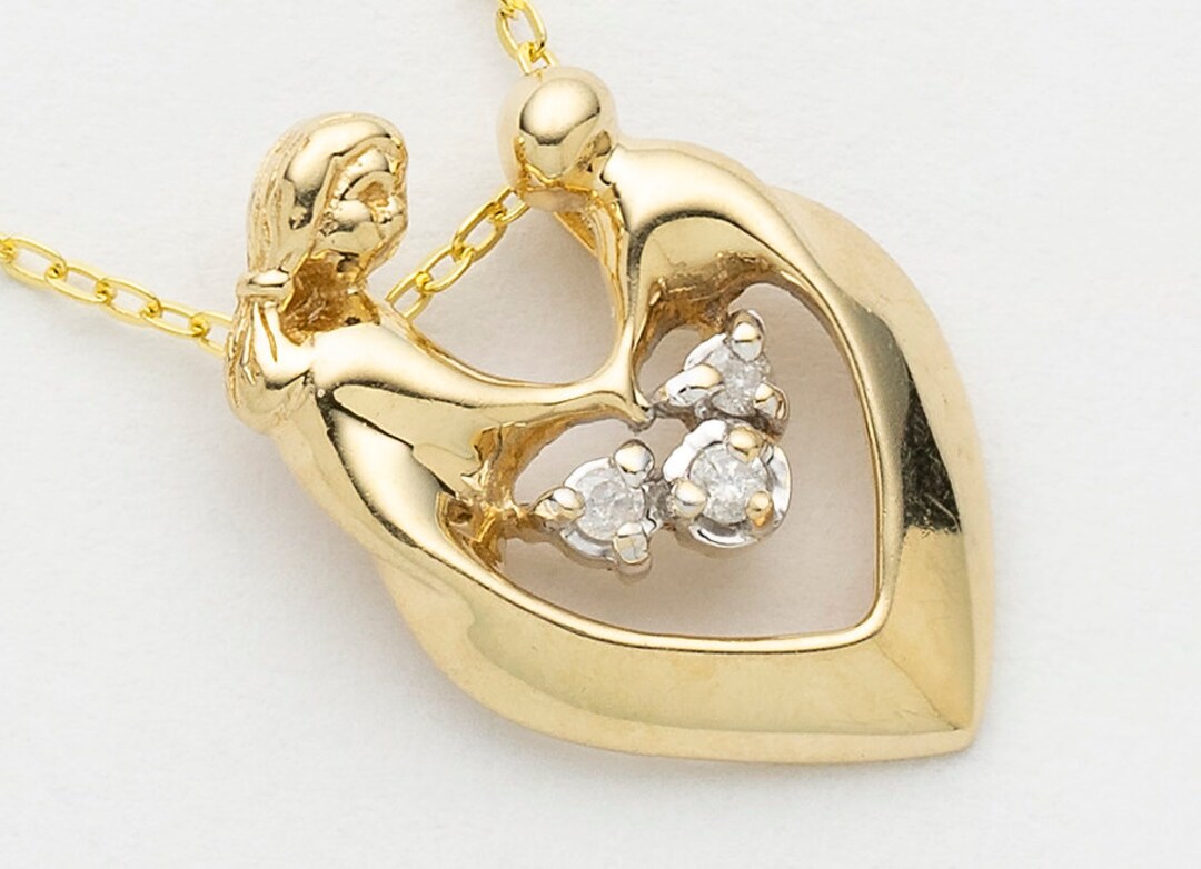 10K Gold Mother & Child Heart Necklace With Genuine Diamonds, Vintage ...