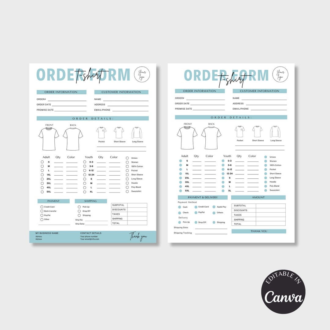 T-shirt Order Form Editable, Printable Shirt Order Form, Editable Small ...