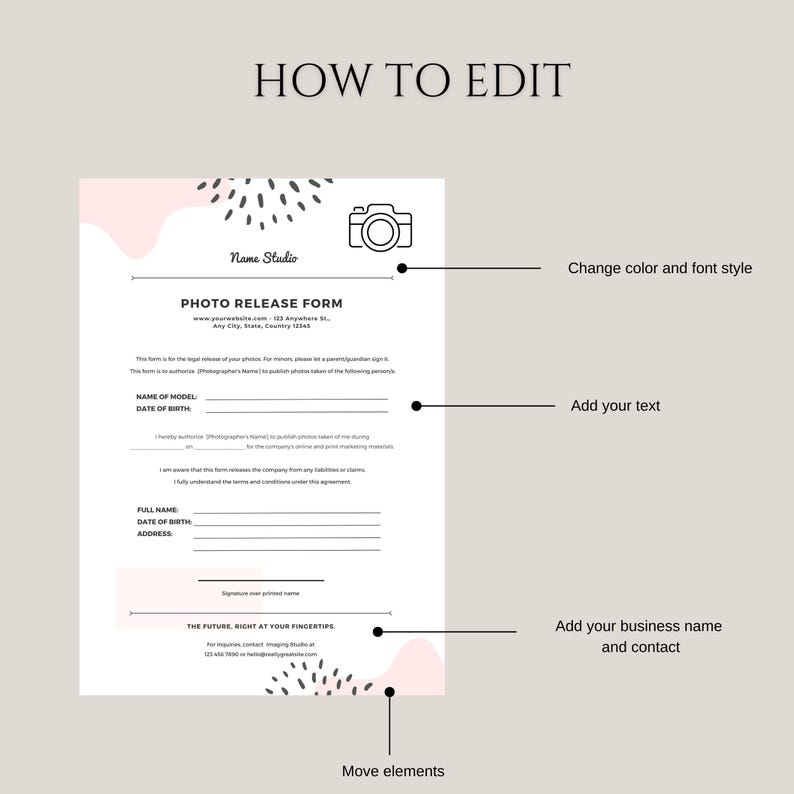 Editable Photo Release Form Template , Photography Consent Form for ...