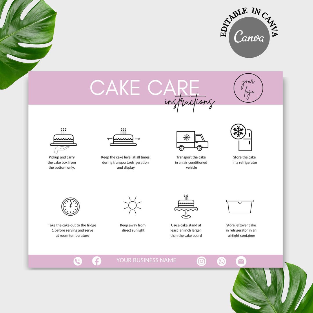 Cake Care Card Template, Canva Editable Wedding Cake Care Cards ...