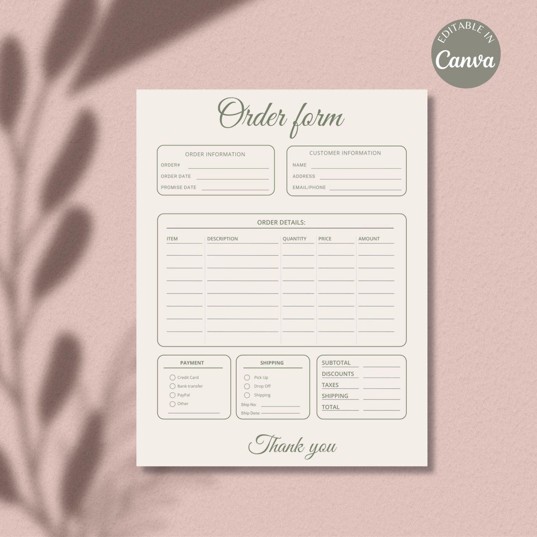 Printable Order Form Template Small Business Order Tracker Editable ...