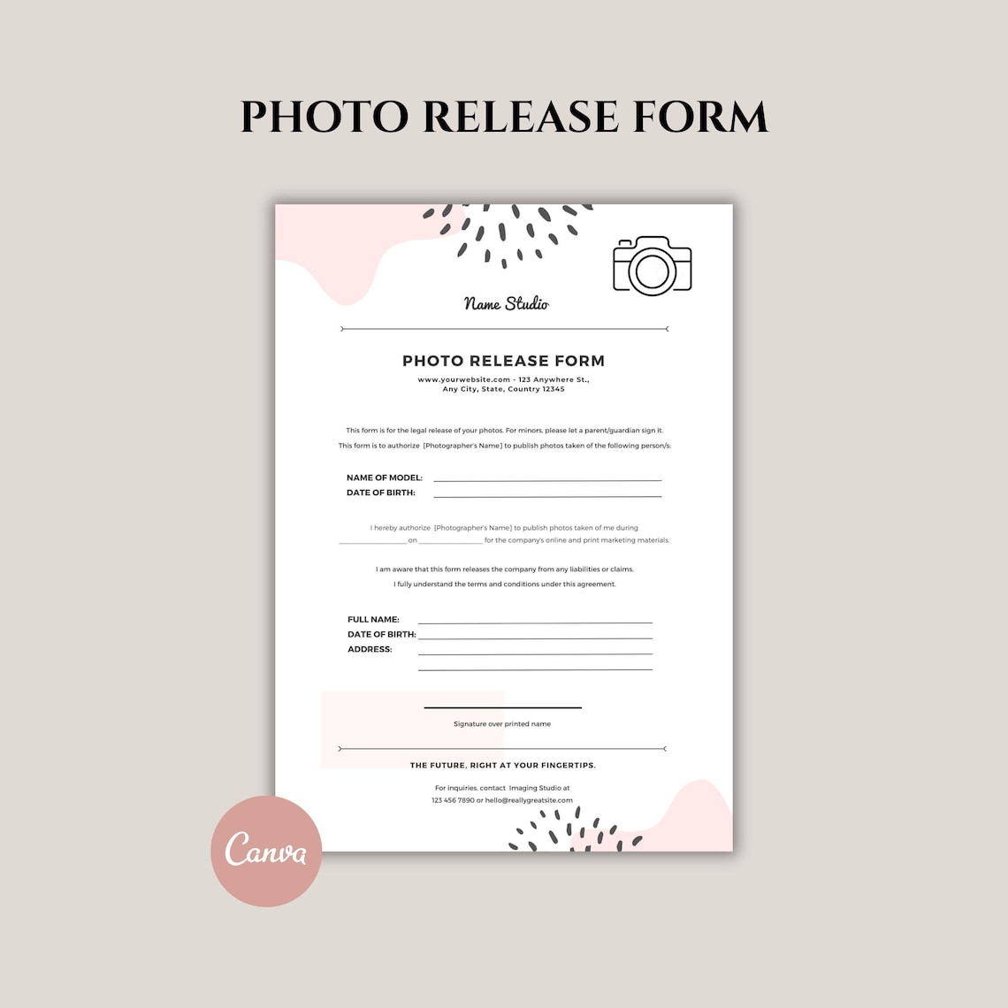 Editable Photo Release Form Template, Photography Consent (PDF) - Etsy