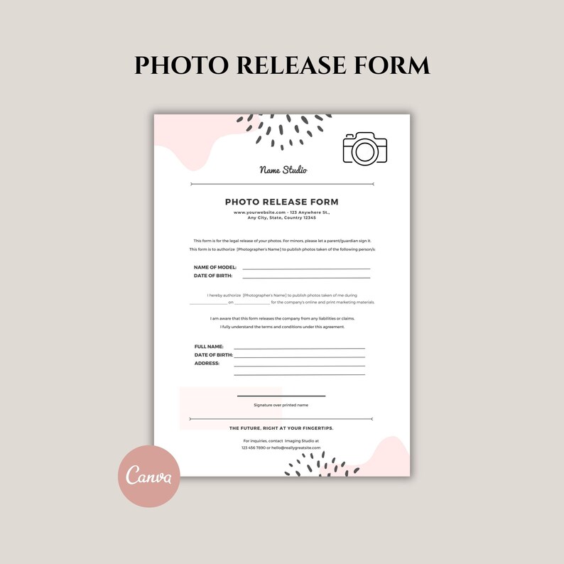 Editable Photo Release Form Template , Photography Consent Form for ...