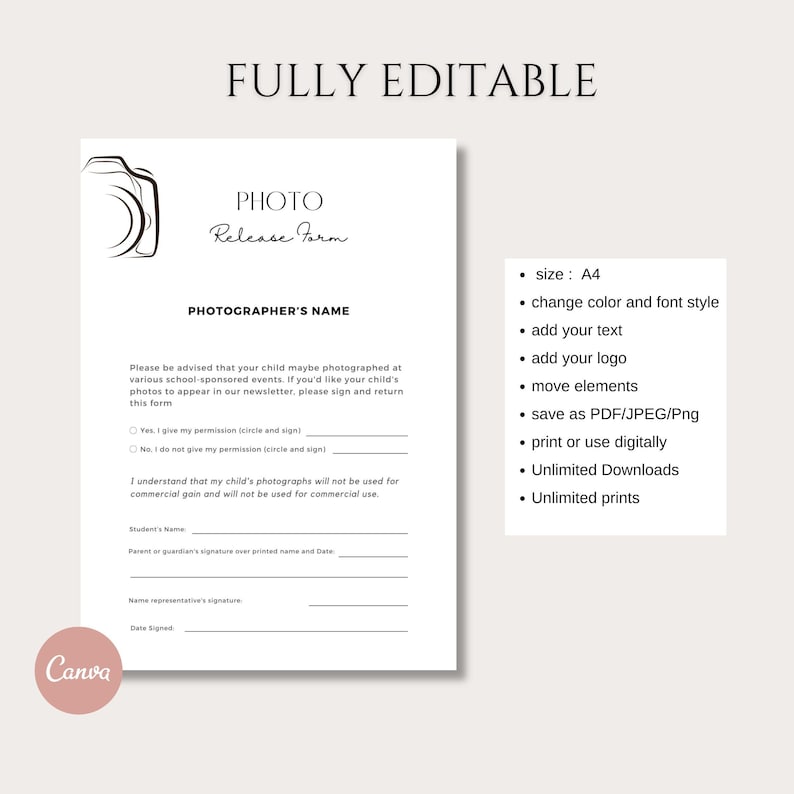 School Photo Release Form, Child Photography Consent (PDF Instant ...