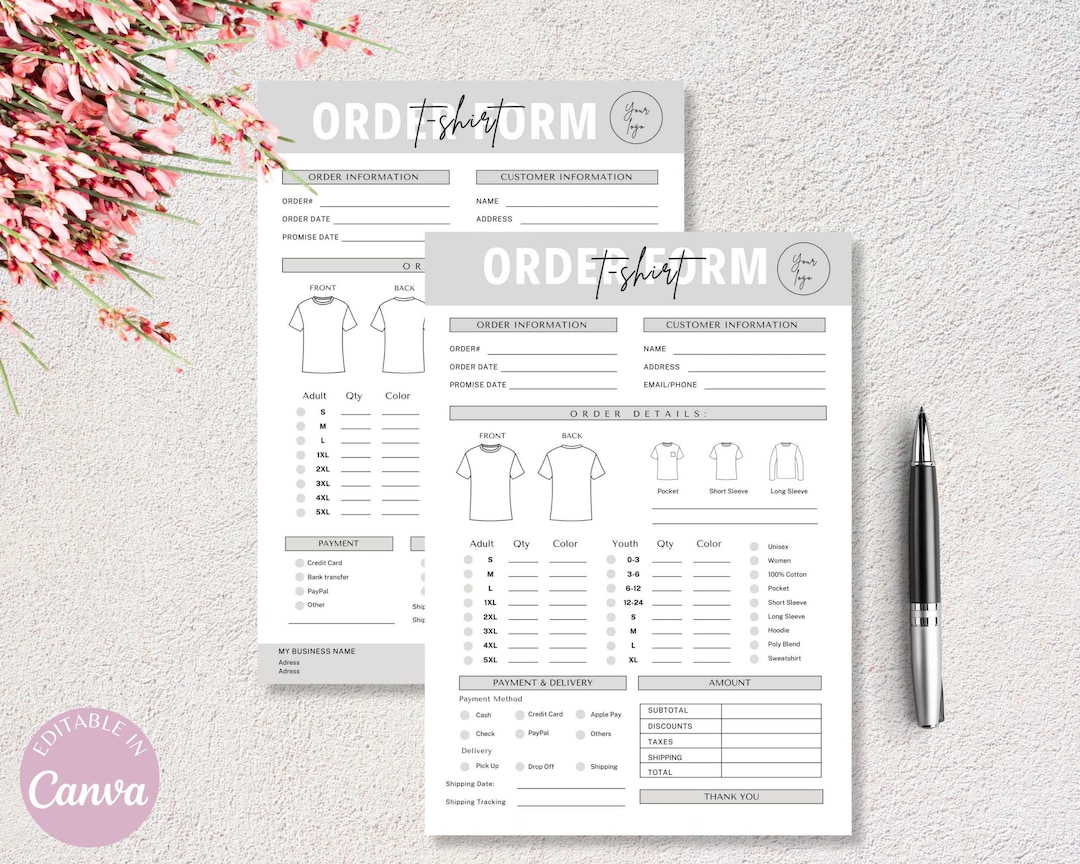 T-shirt Order Form Editable, Printable Shirt Order Form, Editable Small ...