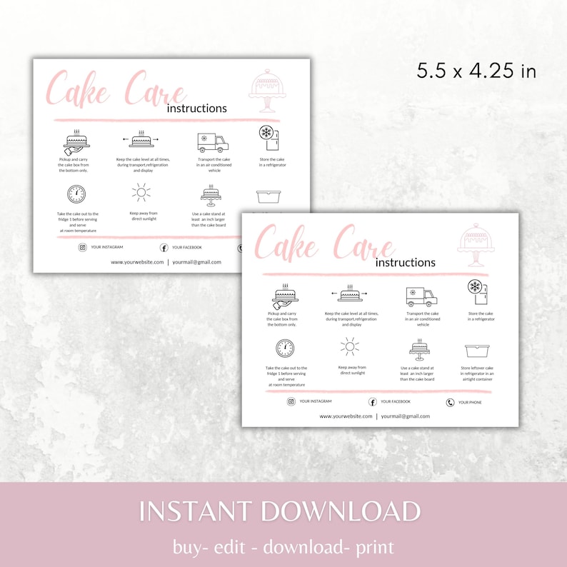 Editable Cake Care Card Template, Bakery Instructions (instant Download ...