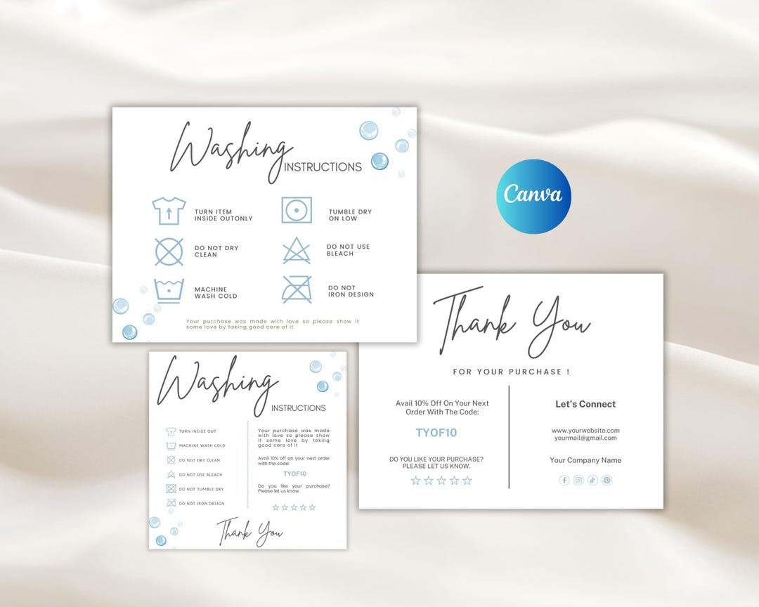 Editable Washing Instructions Card Template, Printable Clothing Care ...