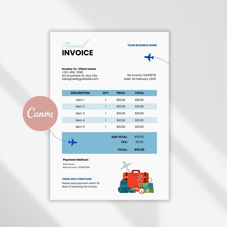 Travel Invoice Template Canva , Editable Trip Receipt, Travel Agency ...
