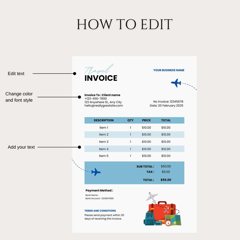 Travel Invoice Template Canva , Editable Trip Receipt, Travel Agency ...