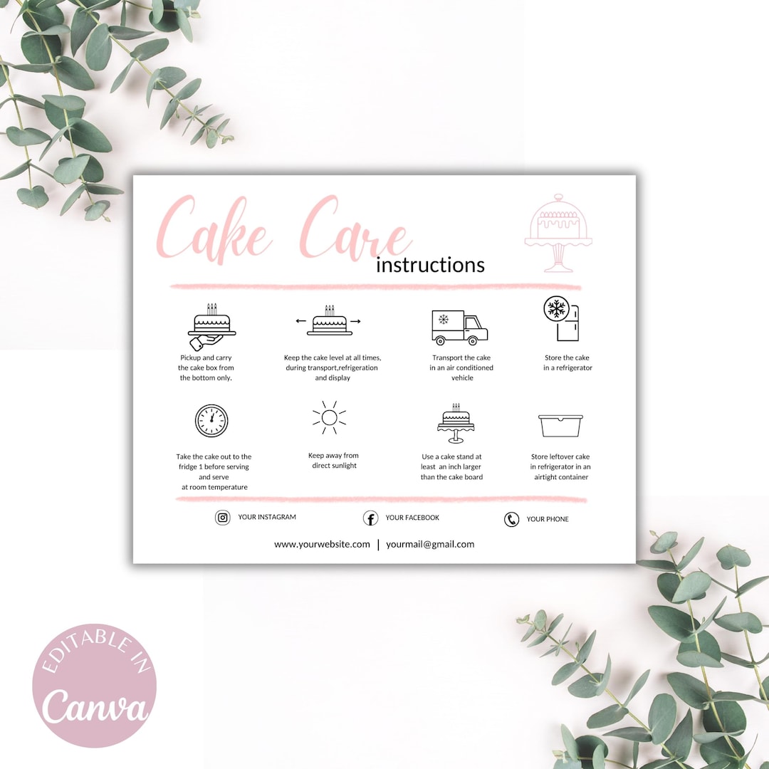 Editable Cake Care Card Template, Bakery Instructions (instant Download ...
