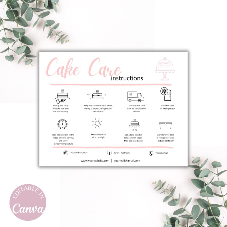Editable Cake Care Card Template, Bakery Instructions (instant Download ...