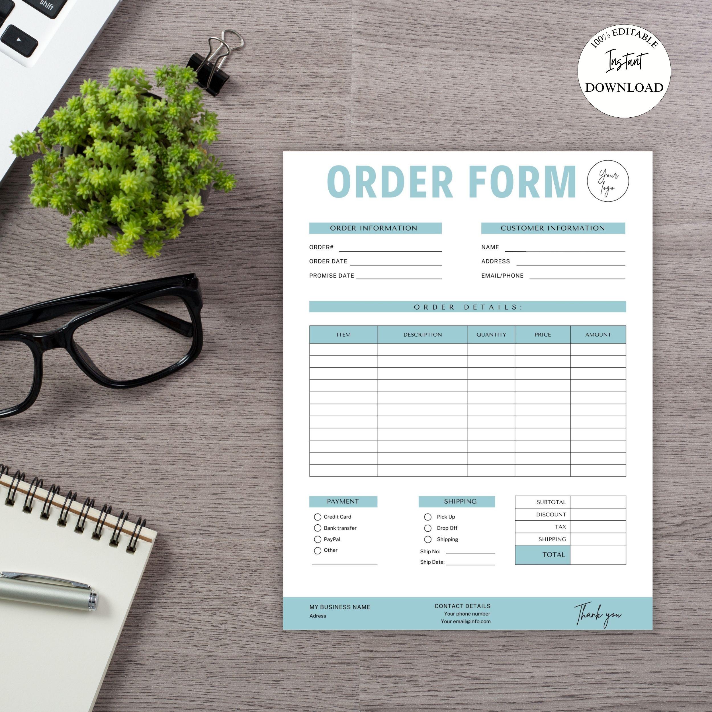 Order Form Editable, Printable Order Form, Editable Small Business ...