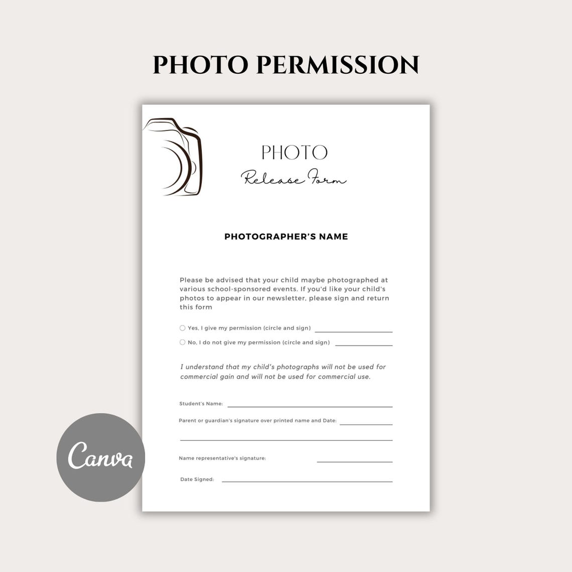 School Photo Release Form, Child Photography Consent (PDF Instant ...