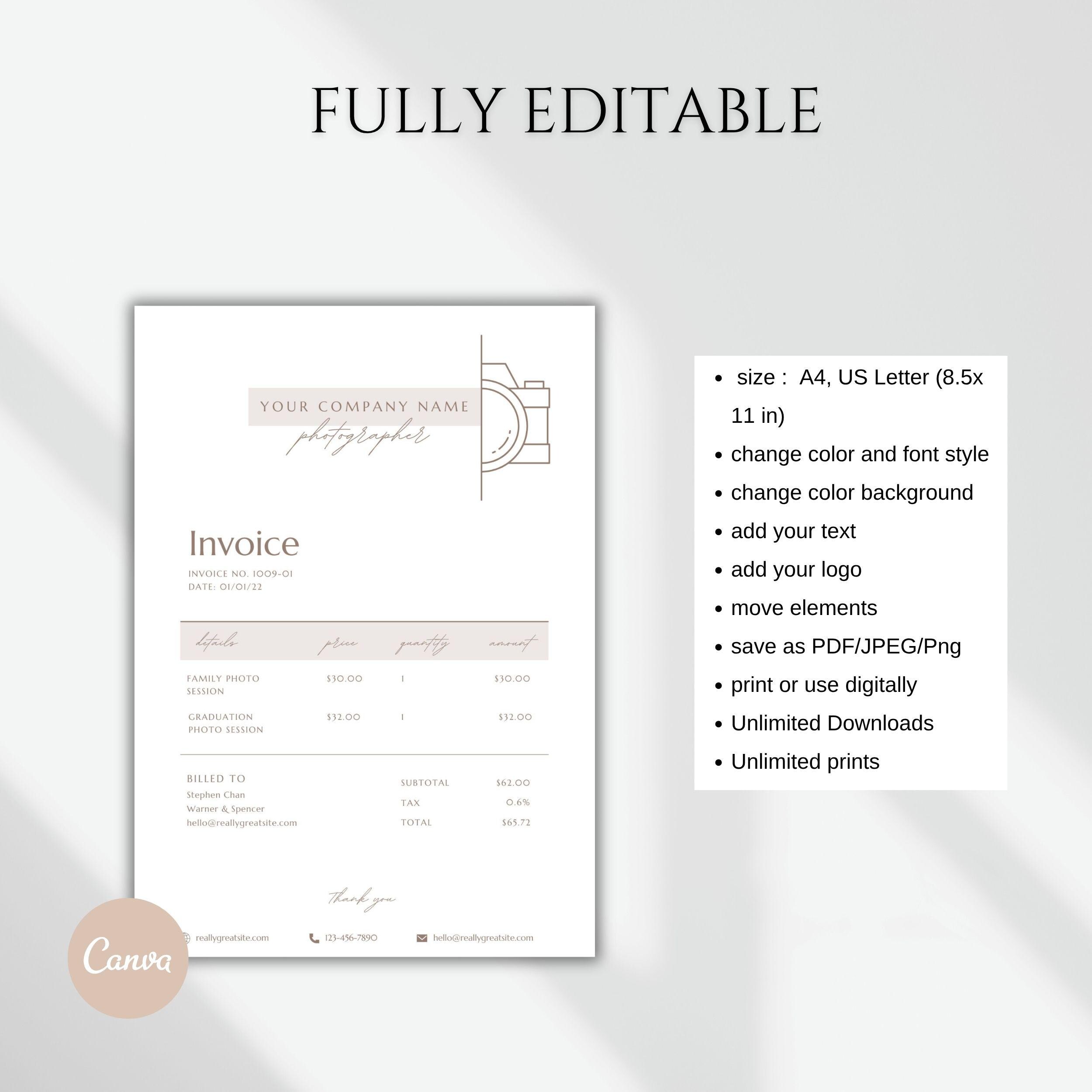 Photography Invoice Template Canva , Minimal Photographer Invoice ...