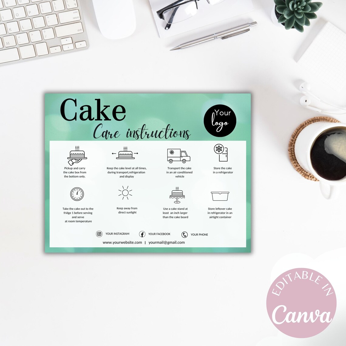 Cake Care Card Template, Canva Editable Wedding Cake Care Cards ...