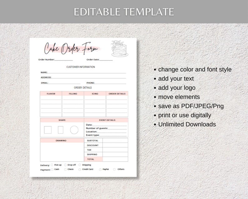 Editable CAKE ORDER FORM, Printable Cake Order Form Template, Baking Business Order Form, Custom ...