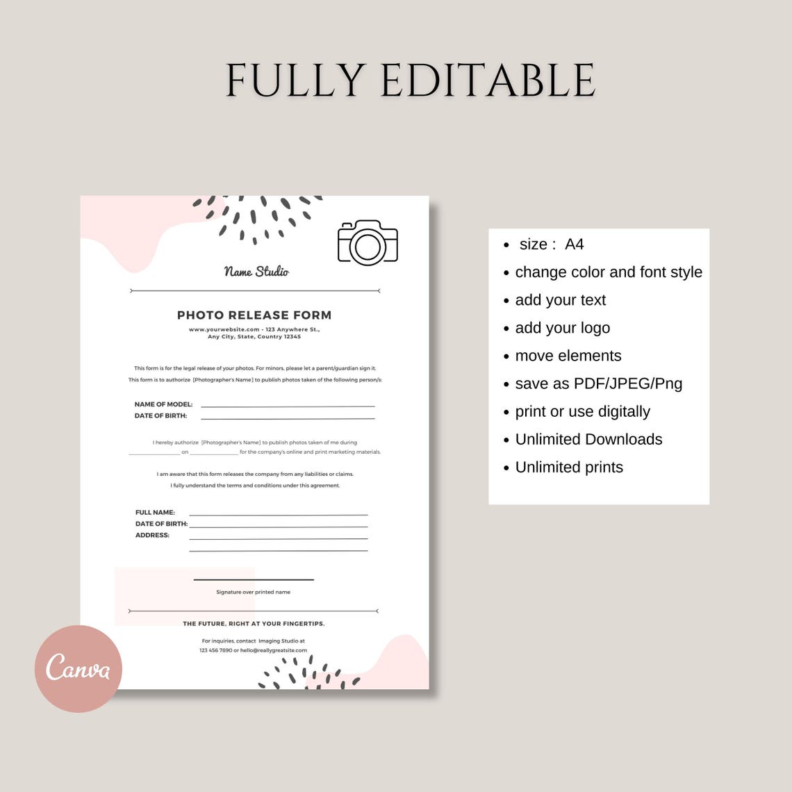 Editable Photo Release Form Template , Photography Consent Form for ...