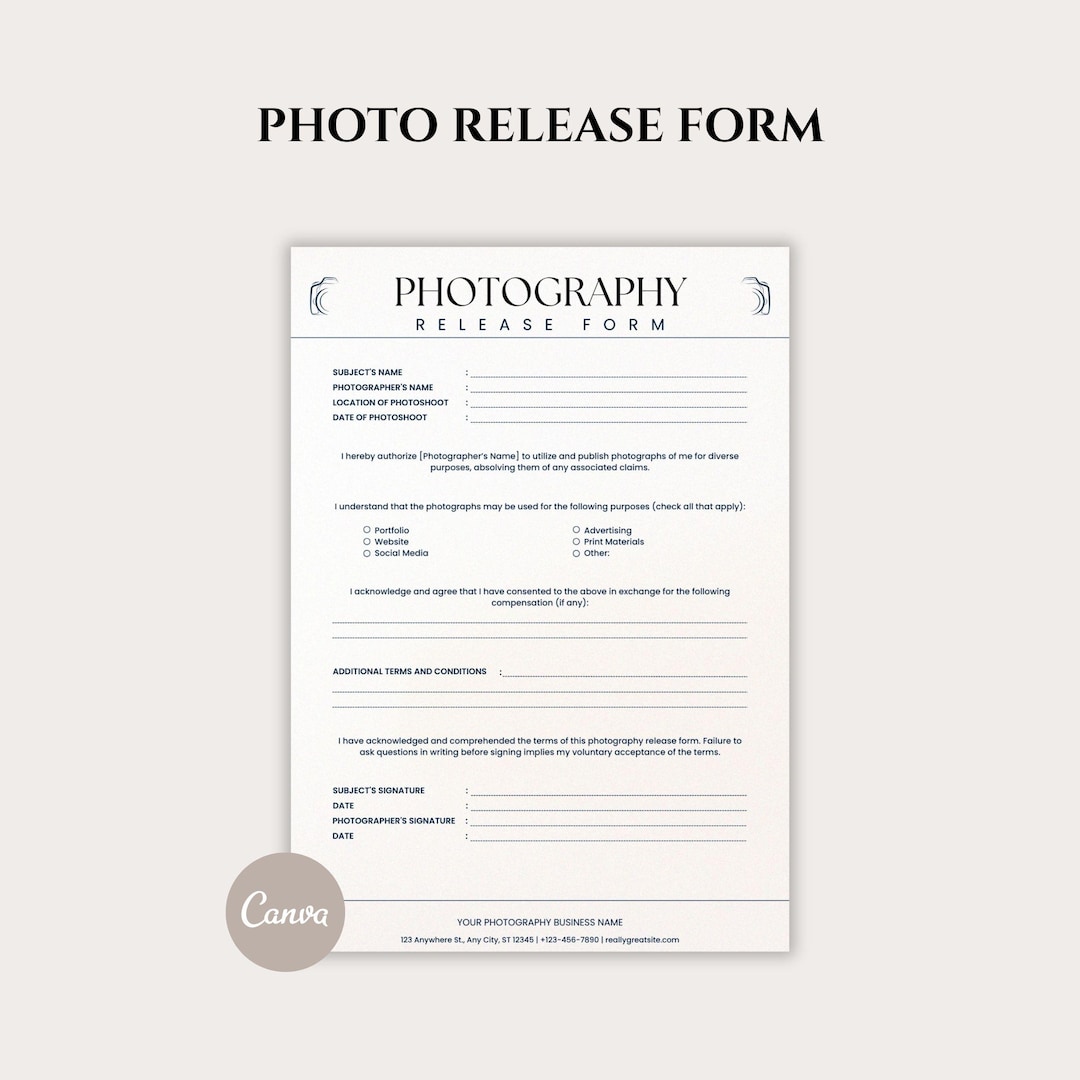Editable Photo Release Form Template, Photography Consent Form for ...