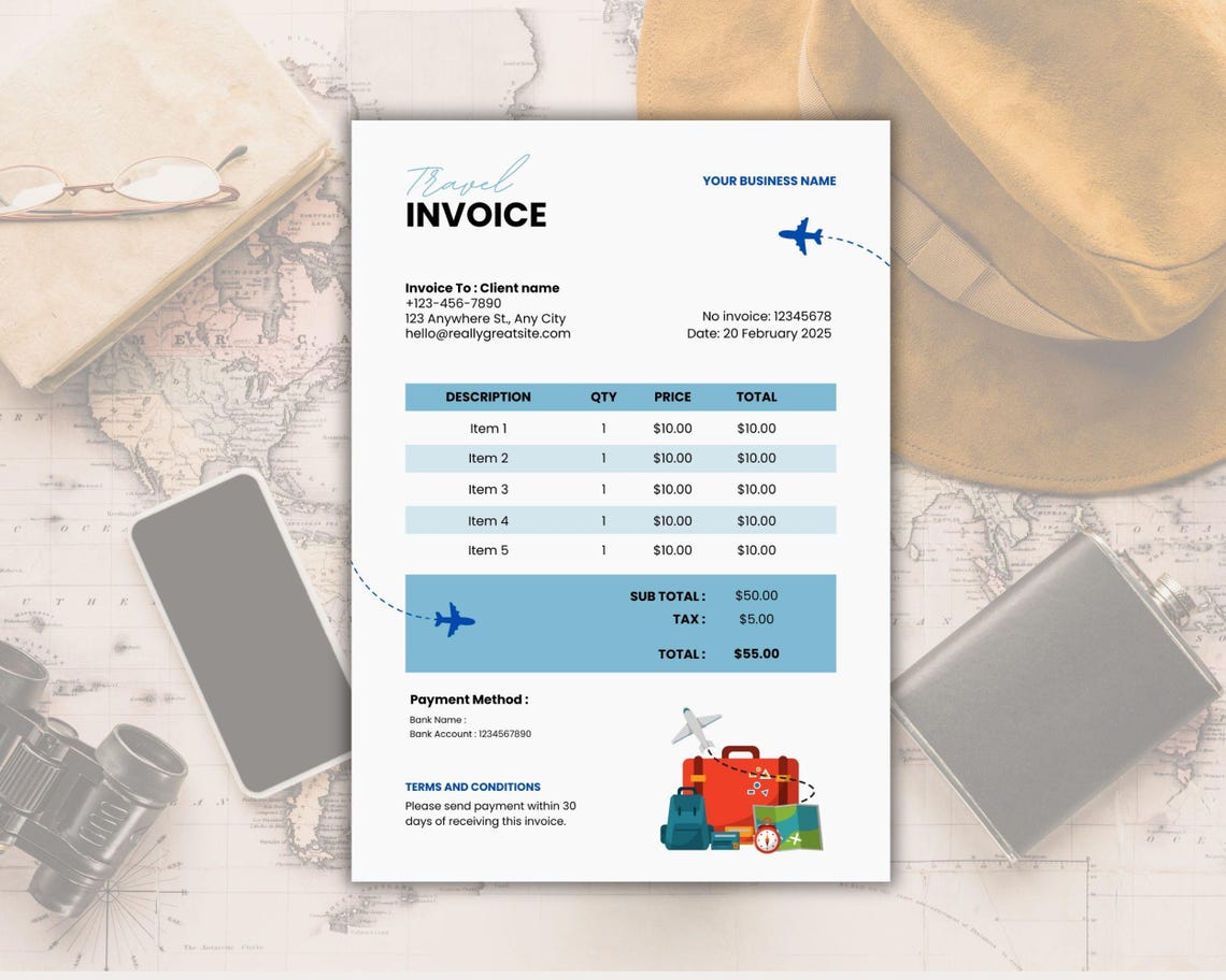 Travel Invoice Template Canva , Editable Trip Receipt, Travel Agency ...