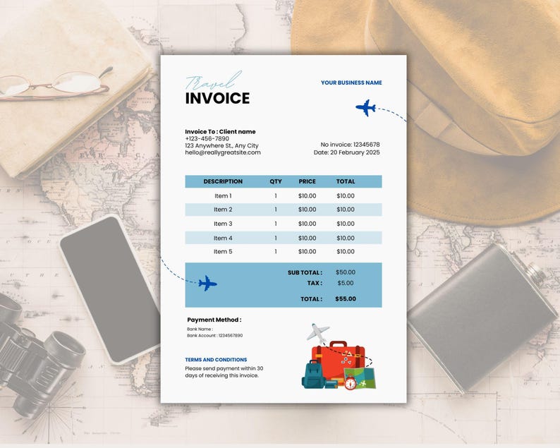 Travel Invoice Template Canva , Editable Trip Receipt, Travel Agency ...