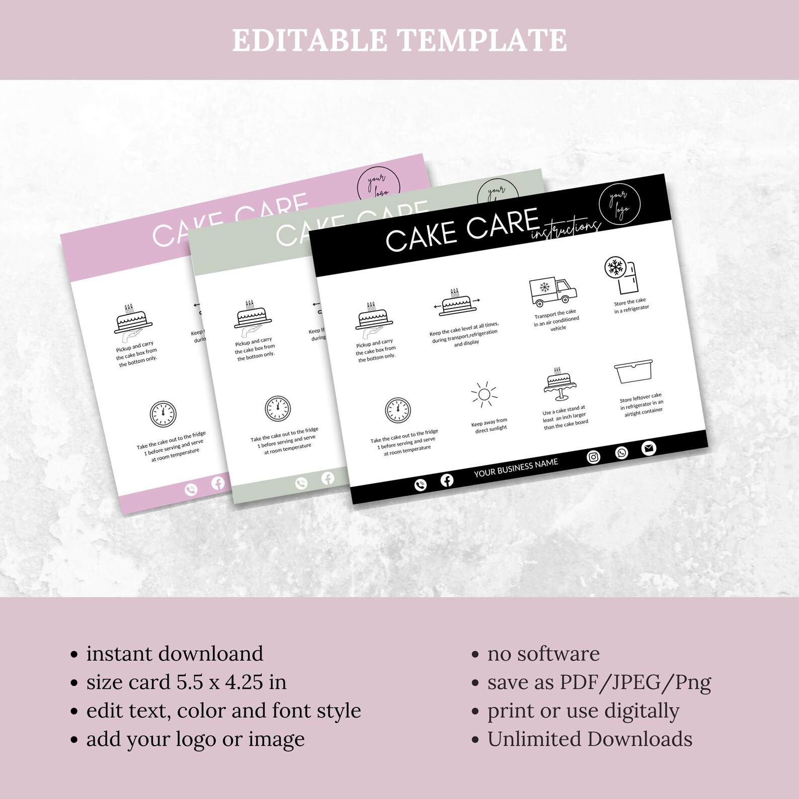 Cake Care Card Template, Canva Editable Wedding Cake Care Cards ...