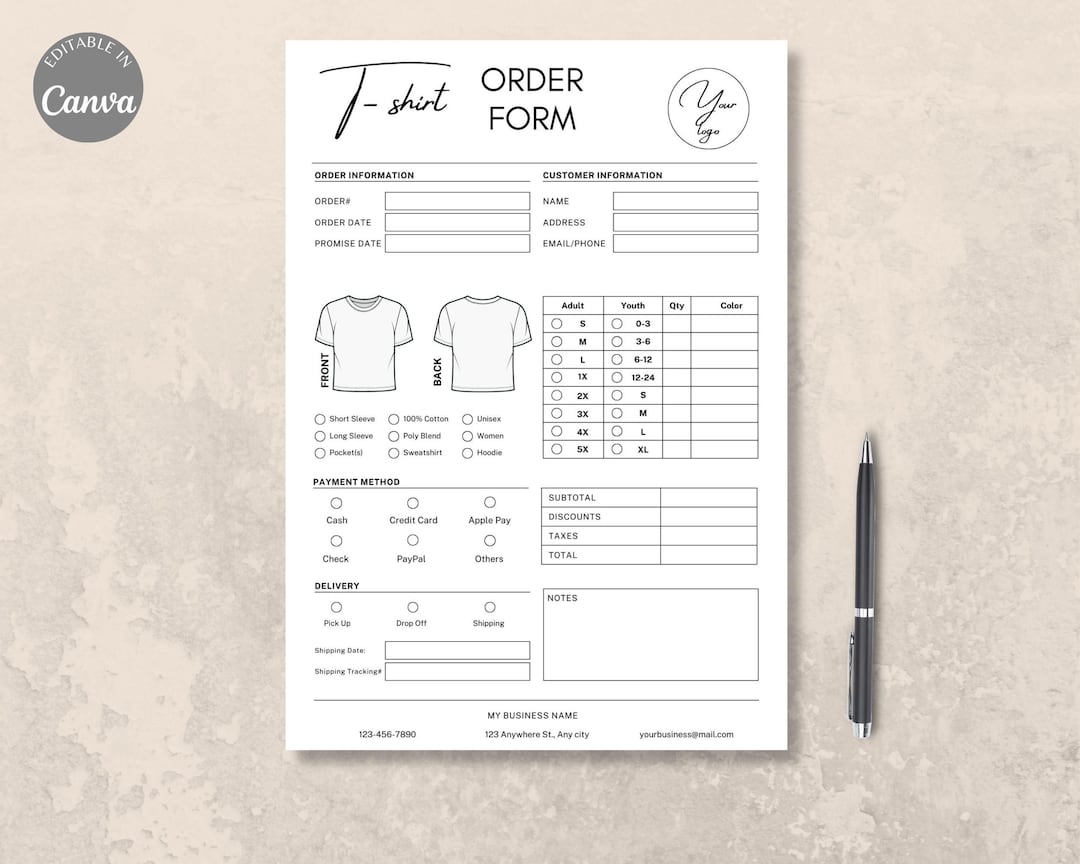 T-shirt Order Form Editable, Printable Shirt Order Form, Editable Small ...