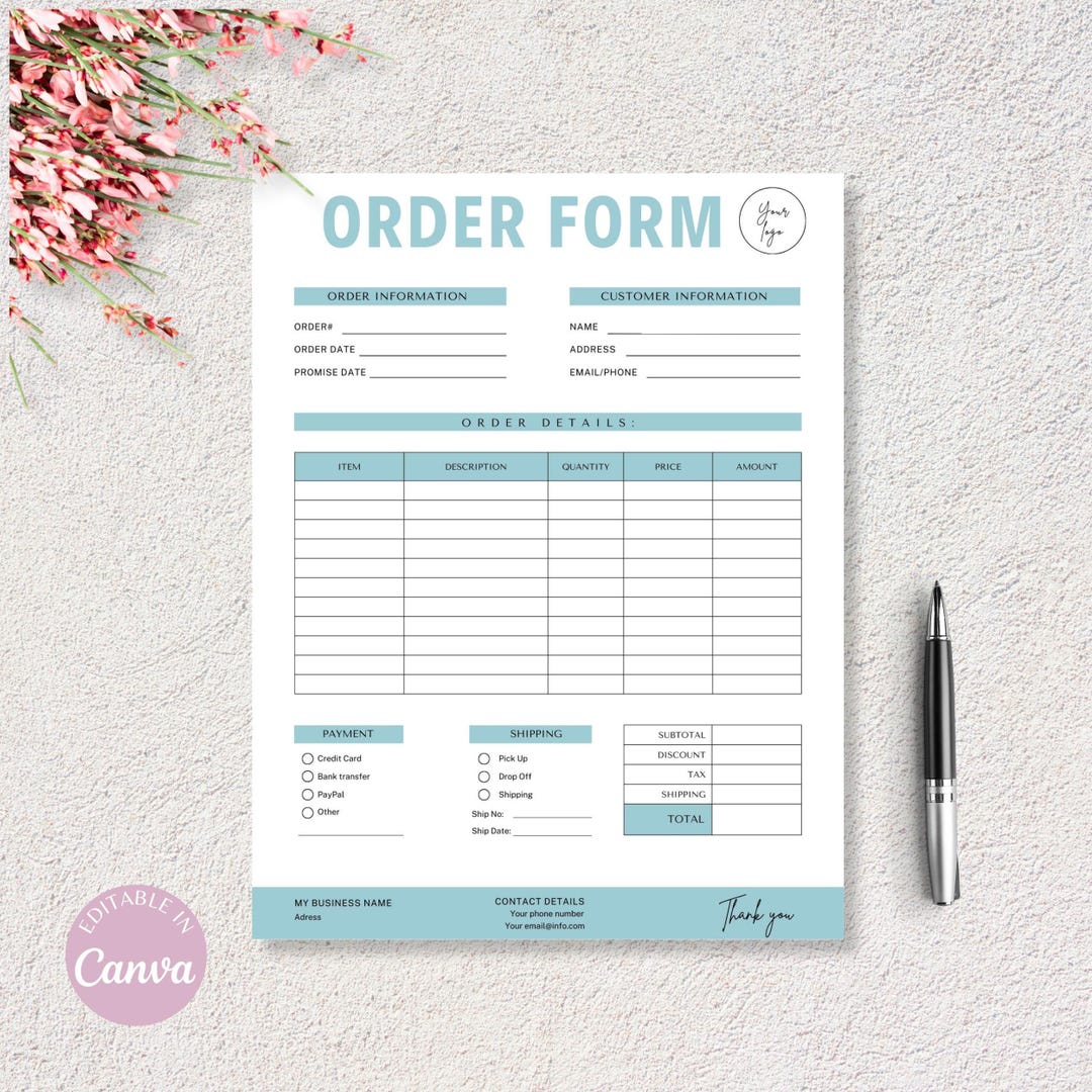 Order Form Editable, Printable Order Form, Editable Small Business ...