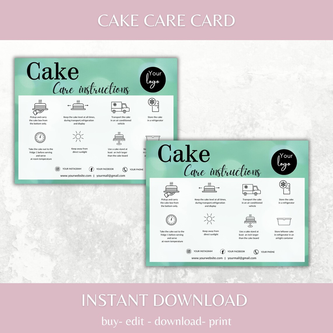 Cake Care Card Template, Canva Editable Wedding Cake Care Cards ...