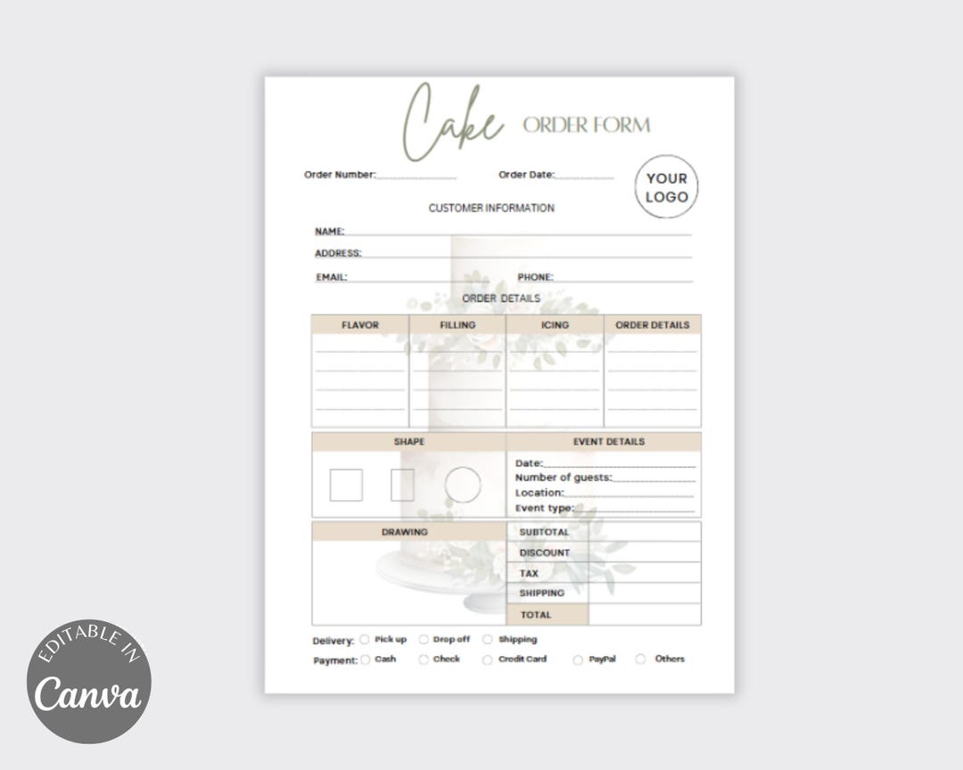 Editable CAKE ORDER FORM, Printable Cake Order Form Template, Baking Business Order Form, Custom ...