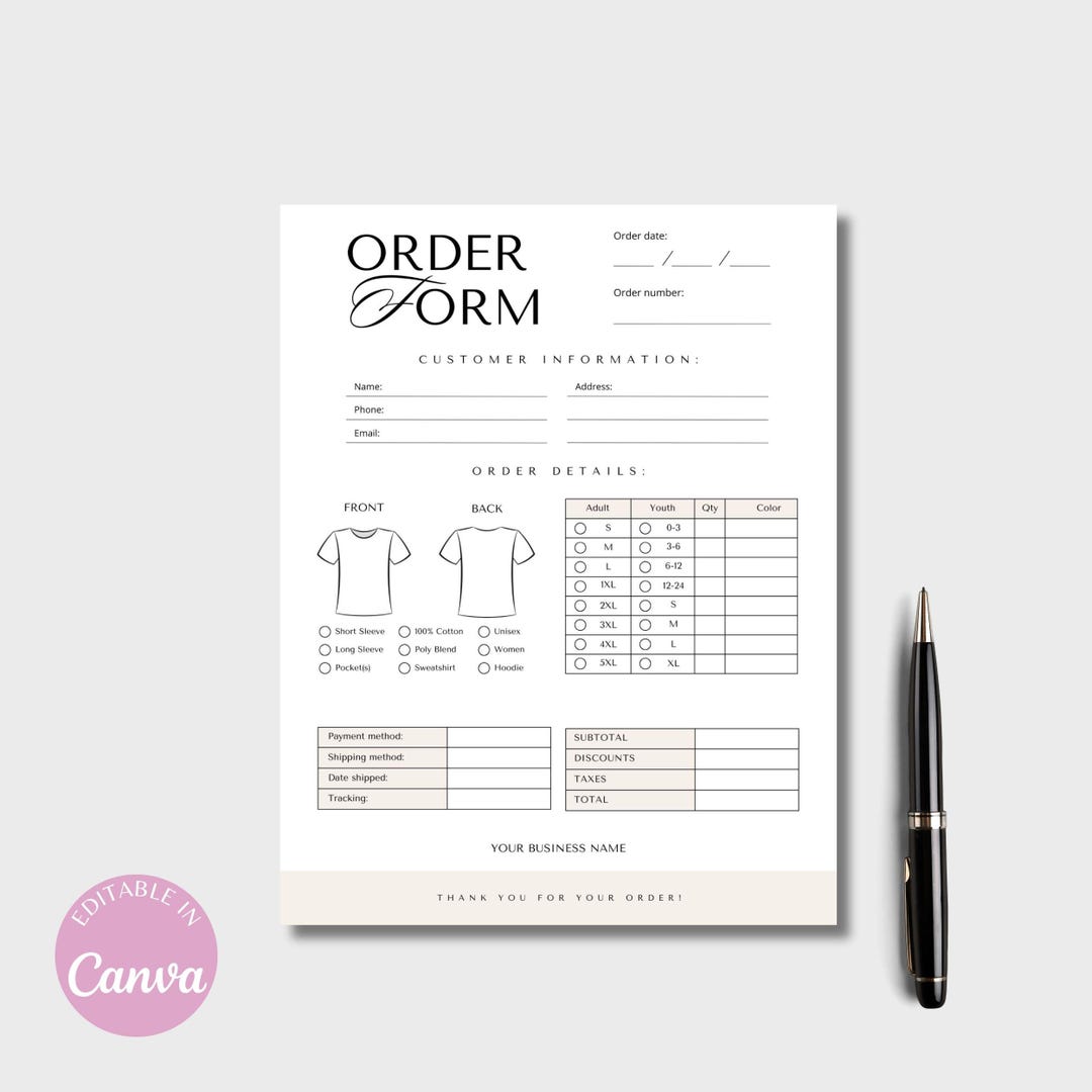 T-shirt Order Form Editable, Printable Shirt Order Form, Editable Small ...
