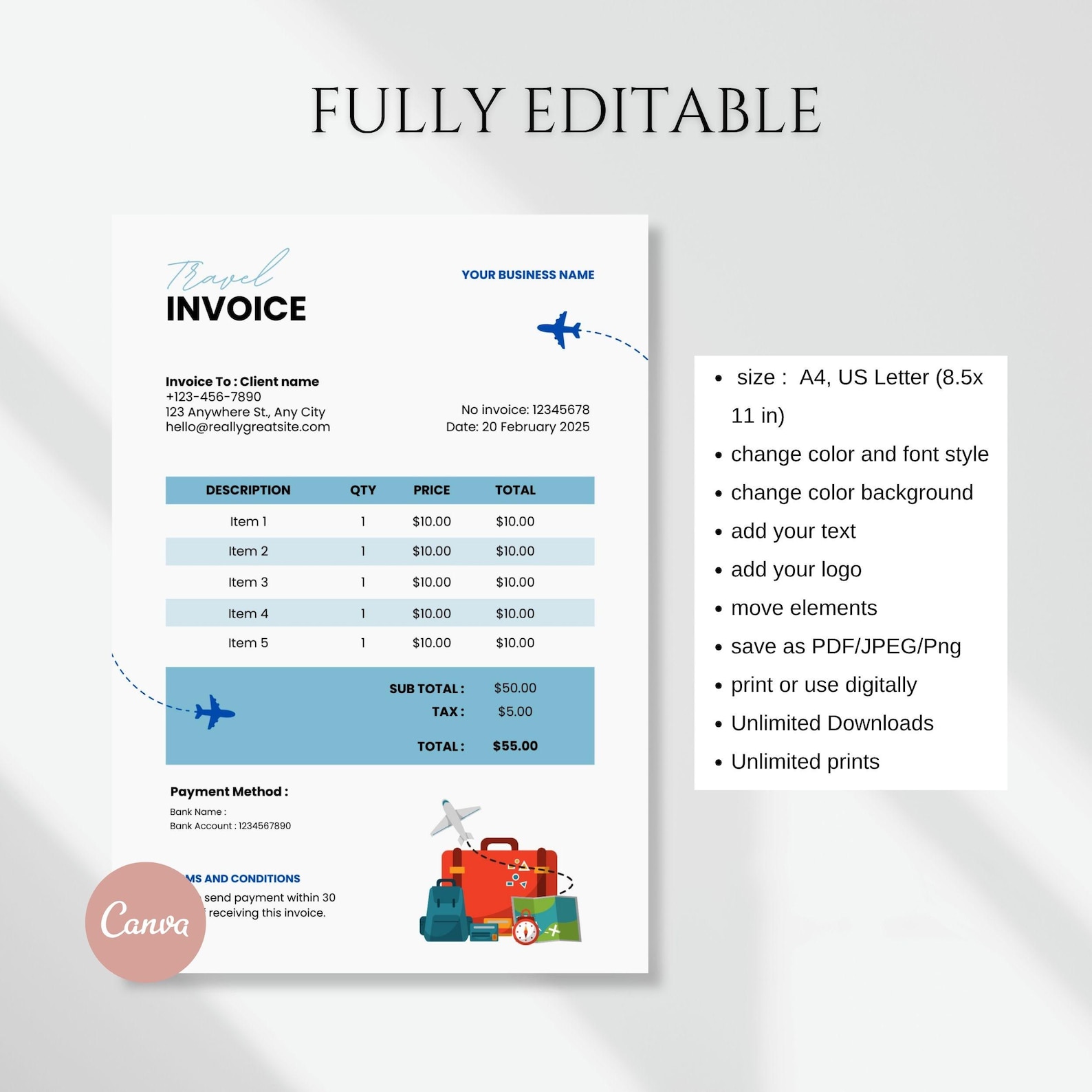 Travel Invoice Template Canva , Editable Trip Receipt, Travel Agency ...