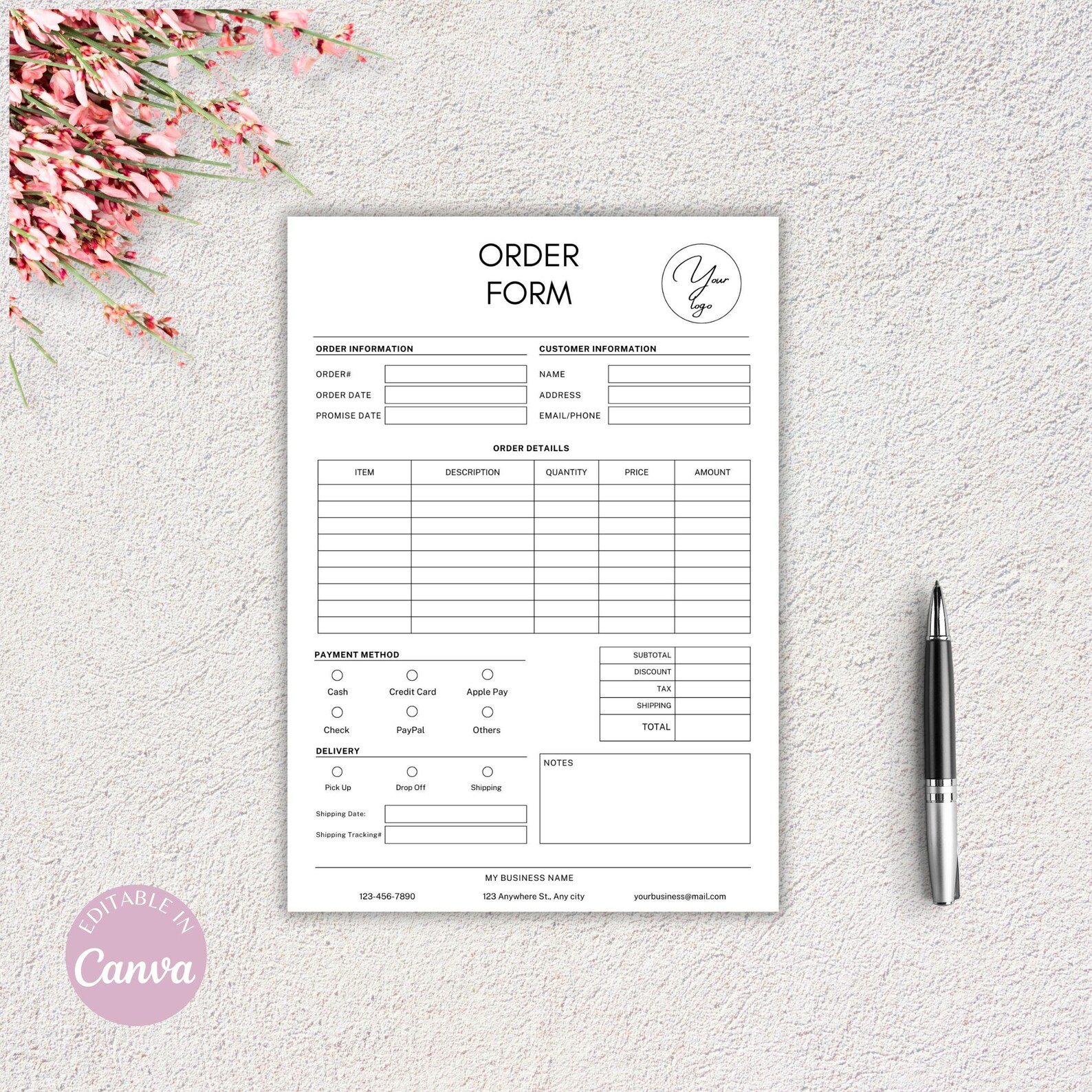 Order Form Editable, Printable Order Form, Editable Small Business ...