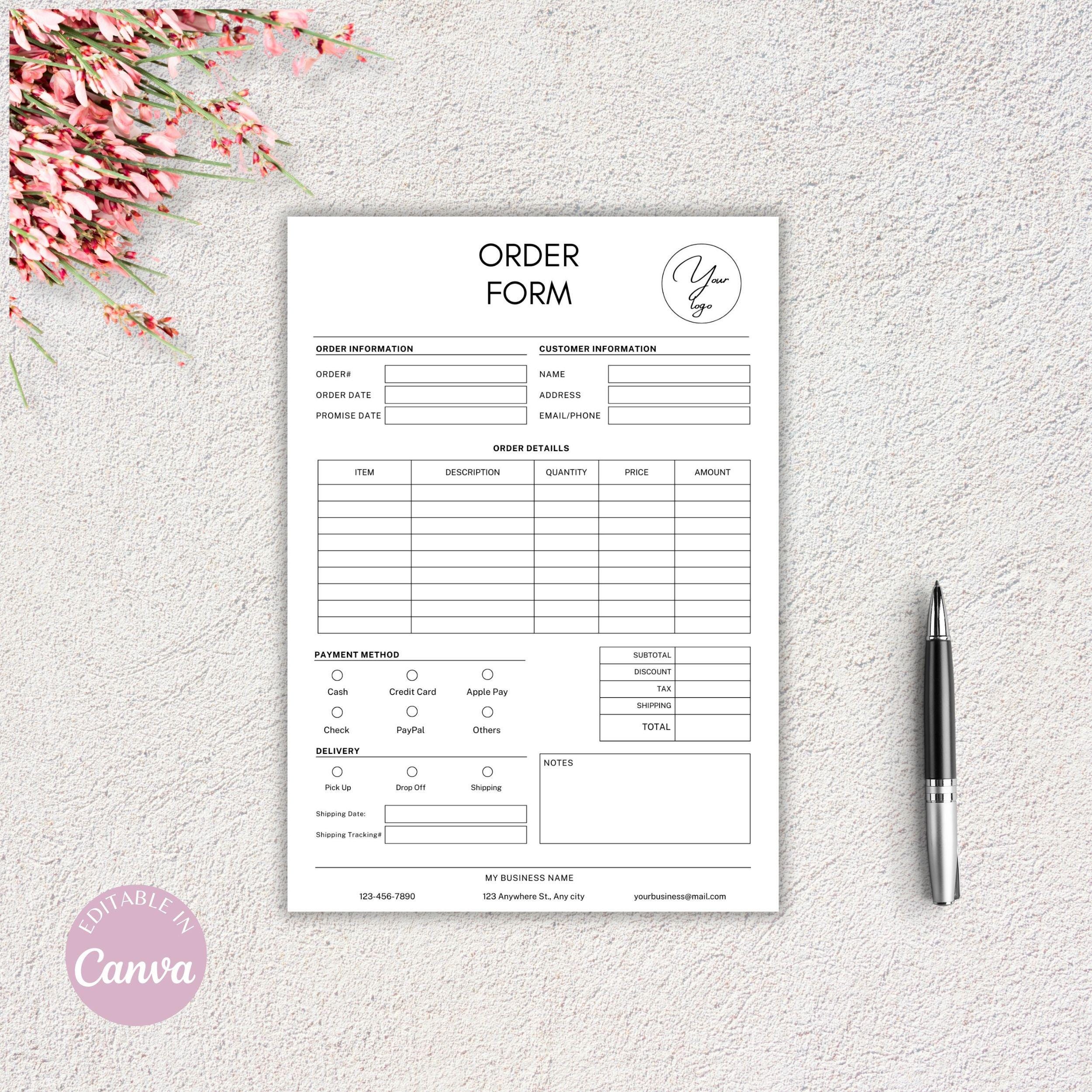Order Form Editable, Printable Order Form, Editable Small Business ...
