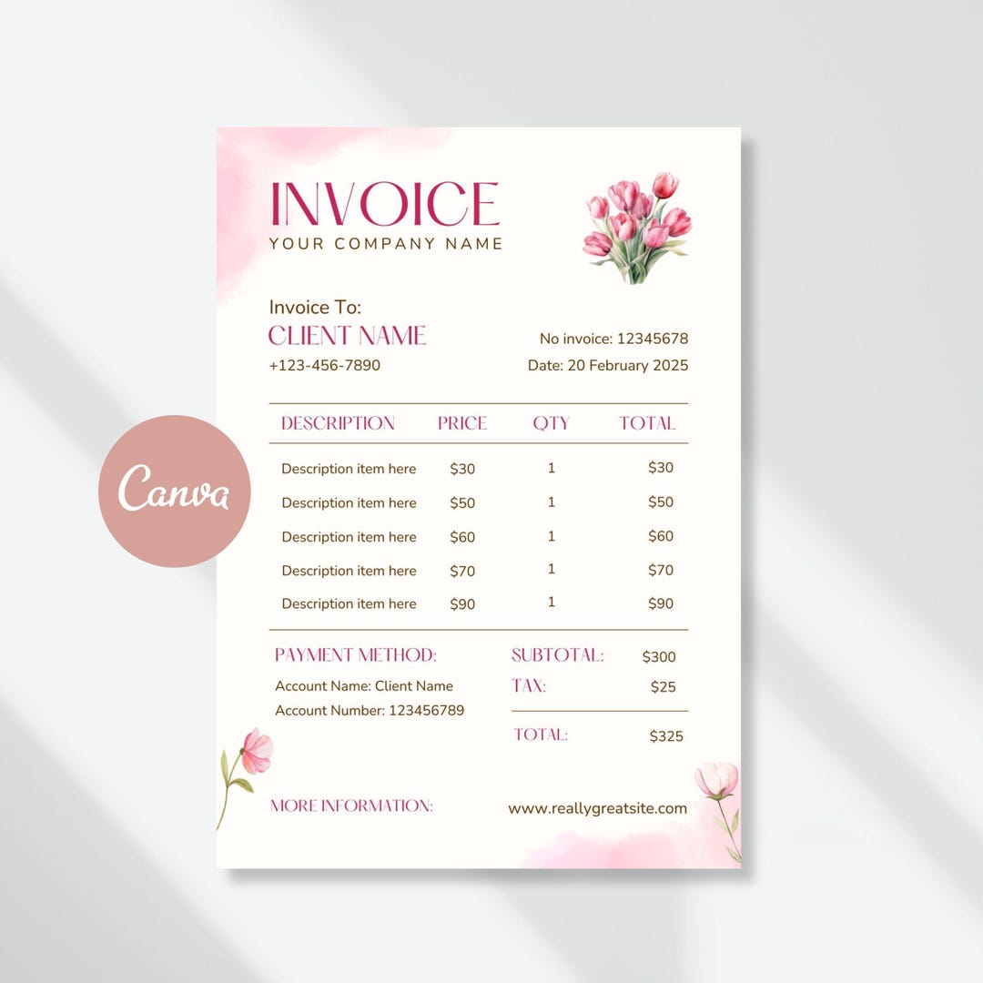 Elegant Invoice Template Canva – Floral Business Invoice, Editable PDF ...