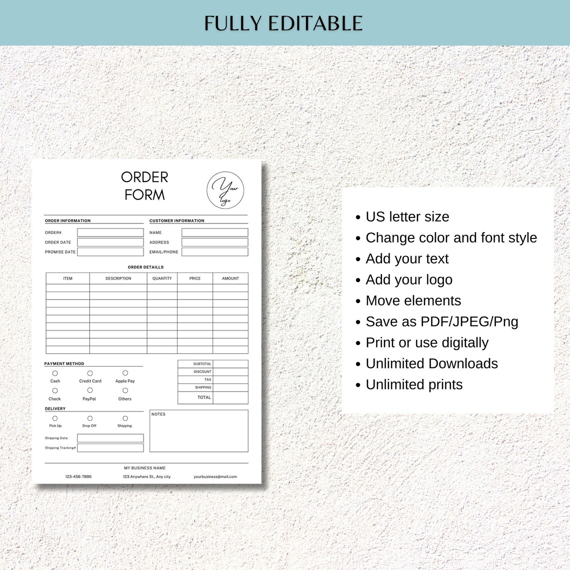 Order Form Editable, Printable Order Form, Editable Small Business ...