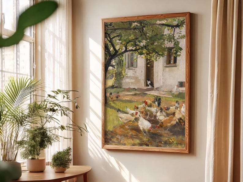 Chickens Scratching | Printable Vintage Chicken Oil Painting, Farmhouse ...