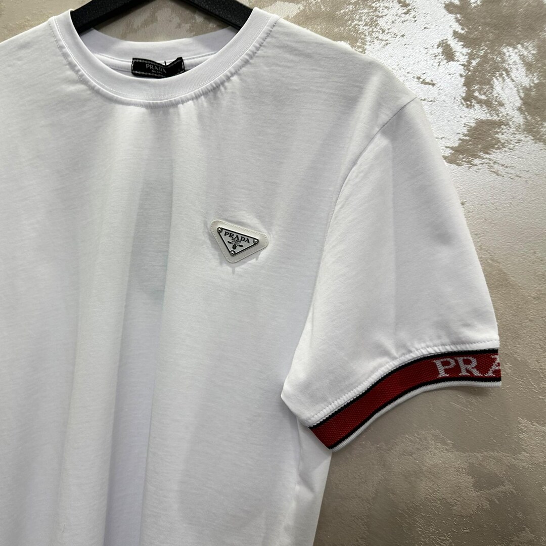 Prada White T-shirt With Red Bands on Sleeves and Triangle Patch Size ...