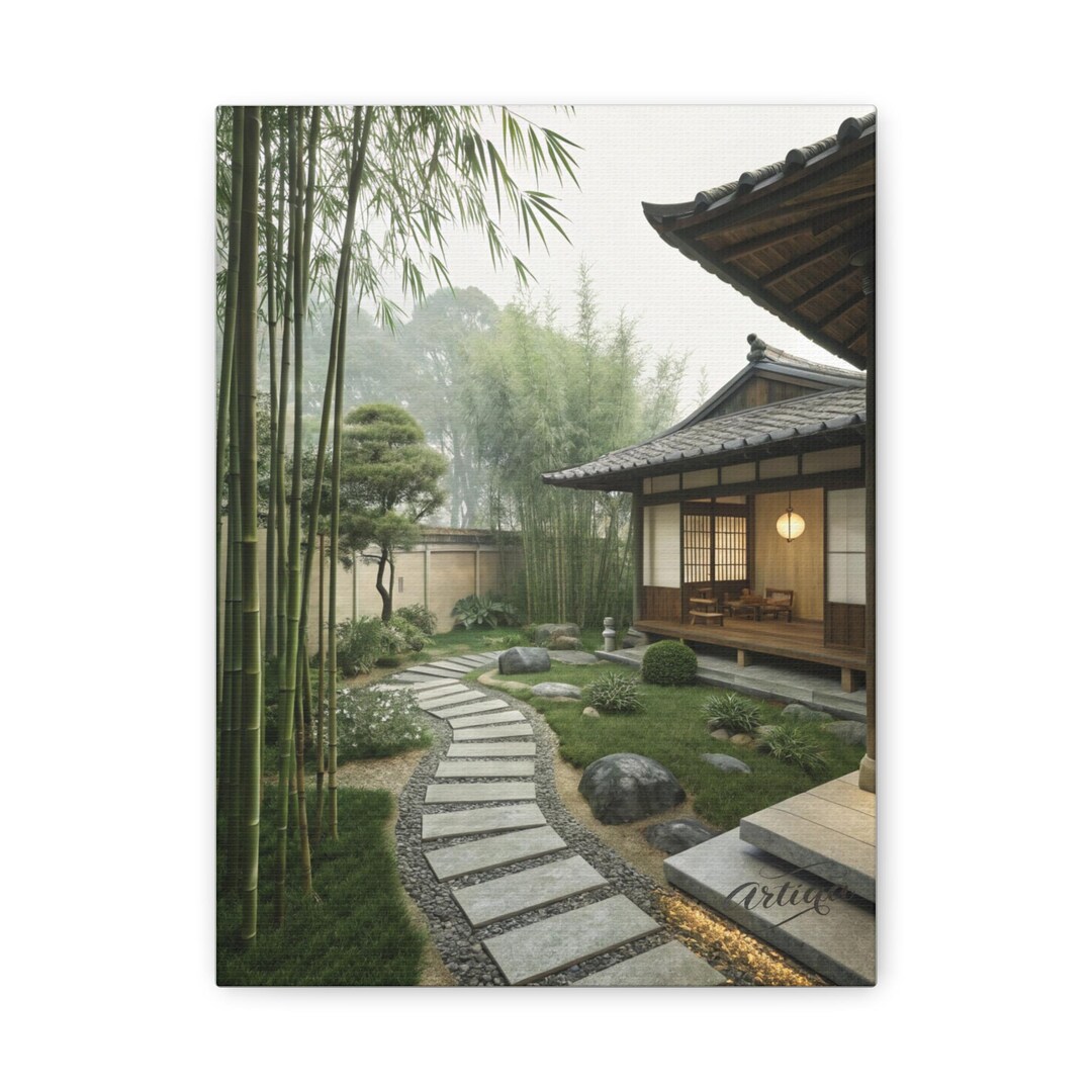 Serene Japanese Garden Art Print, Tranquil Bamboo Forest & Stone ...