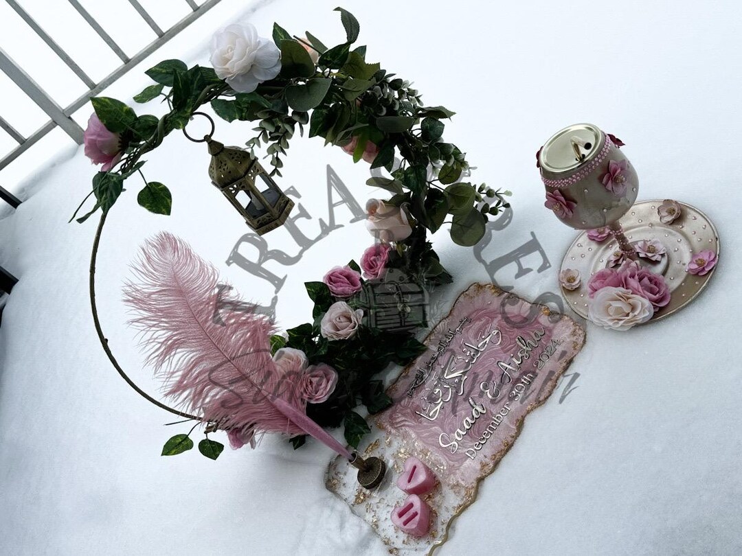 Islamic Nikah Set: Personalized Tray, Floral Hoop, Feather Pen, Doodh ...